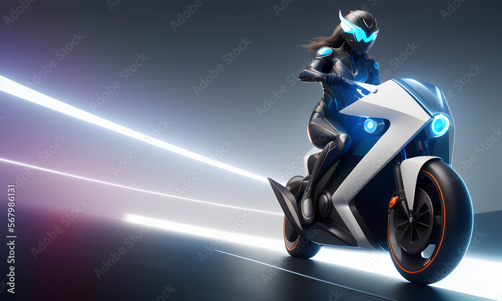 3d render of a girl riding a motorcycle on gray black background with ...