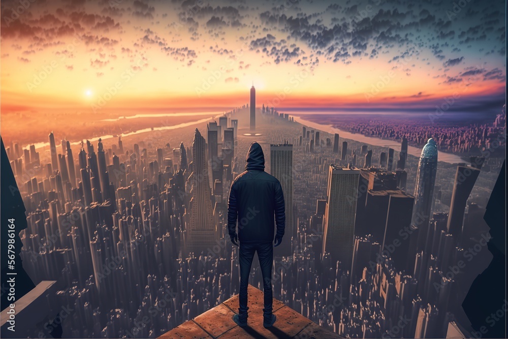 A man standing on a ledge looking at a city skyline at sunset with a ...