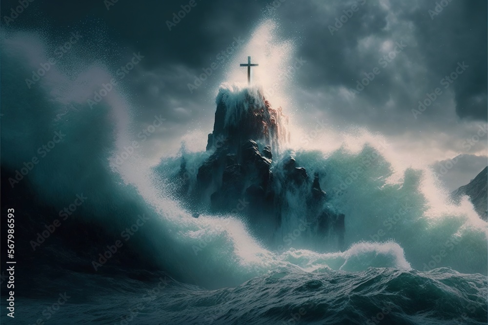 A cross on a mountain surrounded by waves in the ocean with a cross on ...