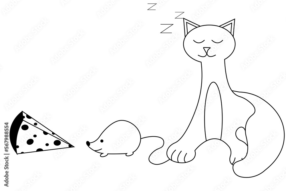 Line art picture with doodle cat, mouse and slice of cheese on white ...