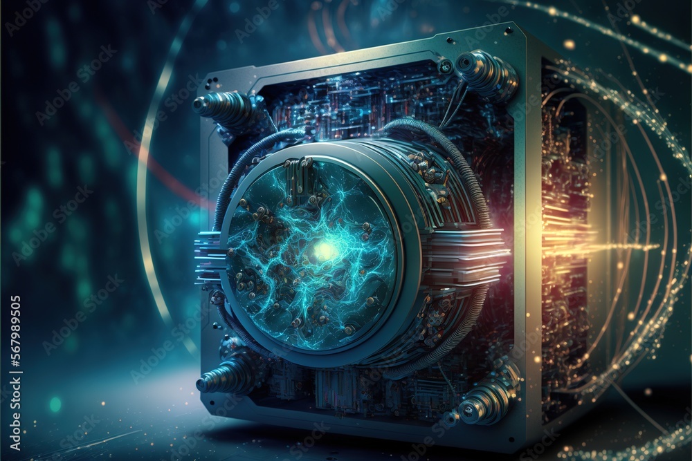 A computer processor with a glowing blue light inside of it's enclosure ...