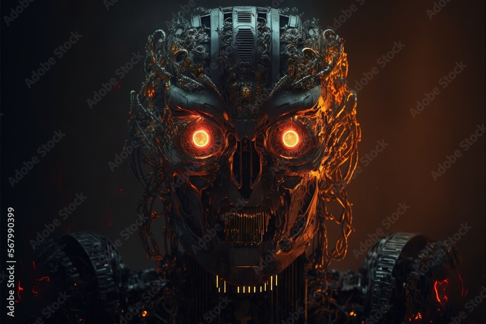 A robot with glowing eyes and a head with chains on it's face and a ...