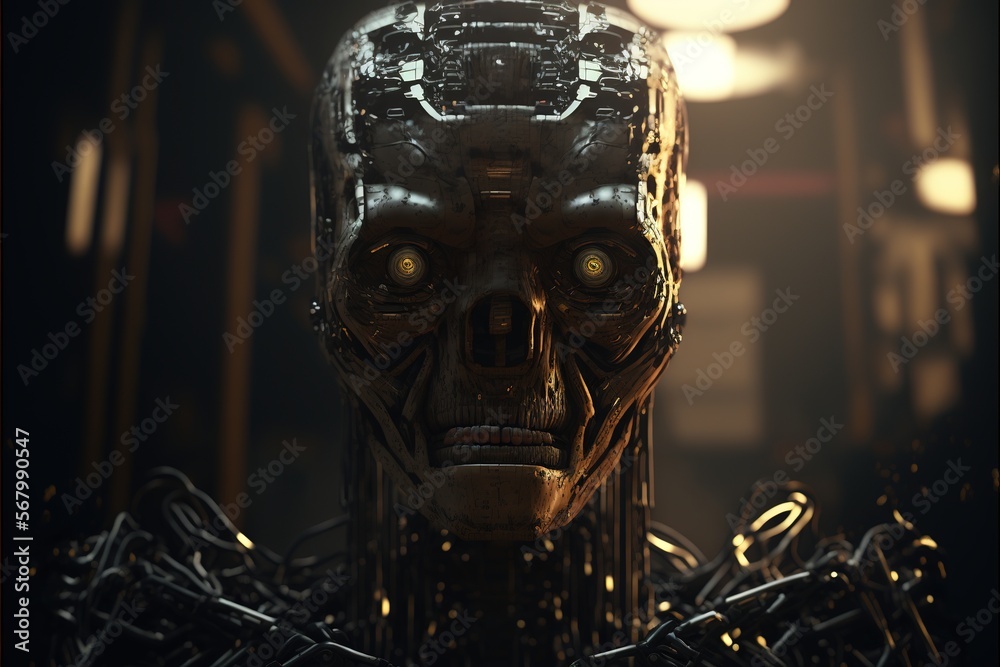A robot with a chain around his neck and eyes open in a dark room with ...