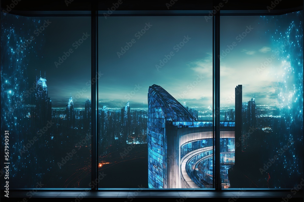A window view of a city at night with a car passing by it and a ...