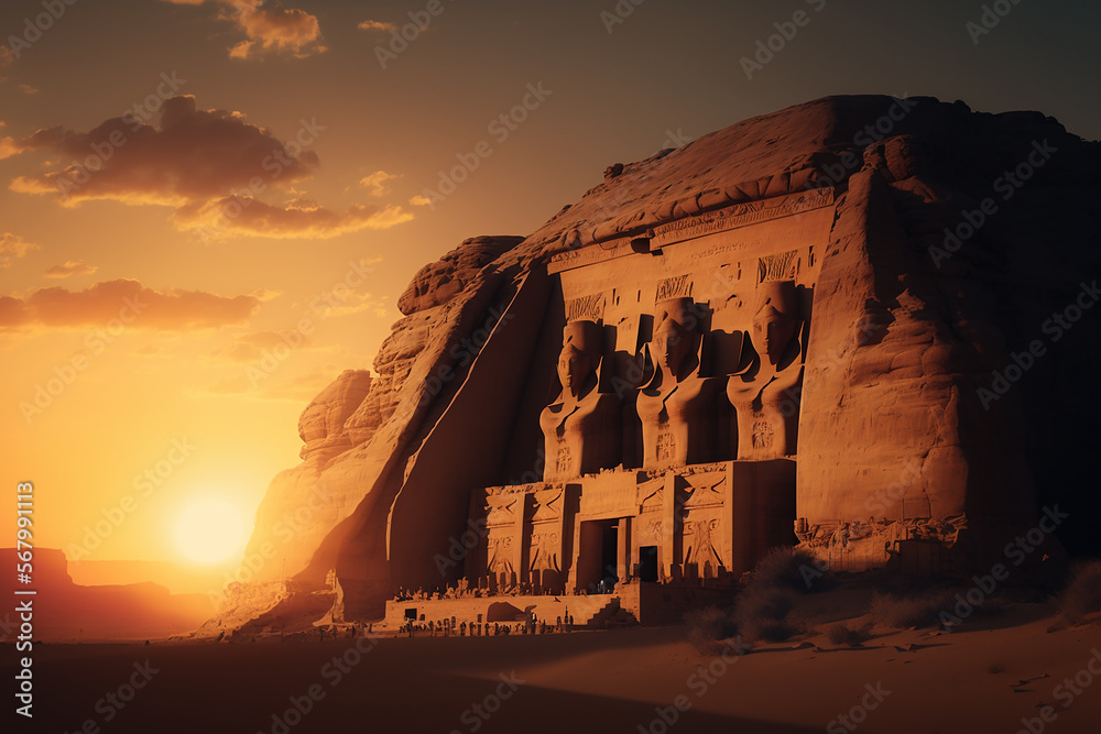 Sunset at the temples of Abu Simbel in Egypt. Ai generated art Stock ...