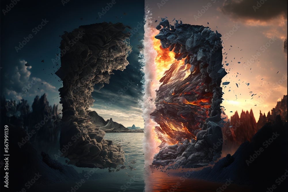 Two different pictures of a mountain and a body of water with a fire ...