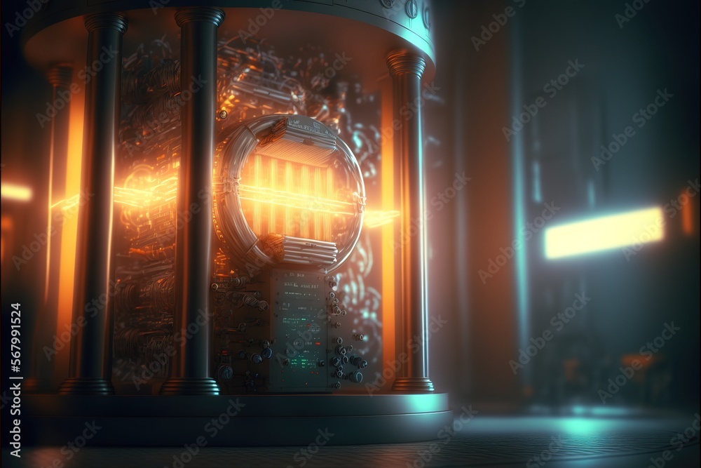 A futuristic clock tower with a glowing light coming from it's side and ...