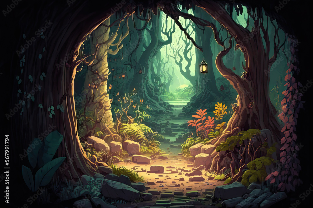 Realistic style concept illustration of an enchanted forest game ...