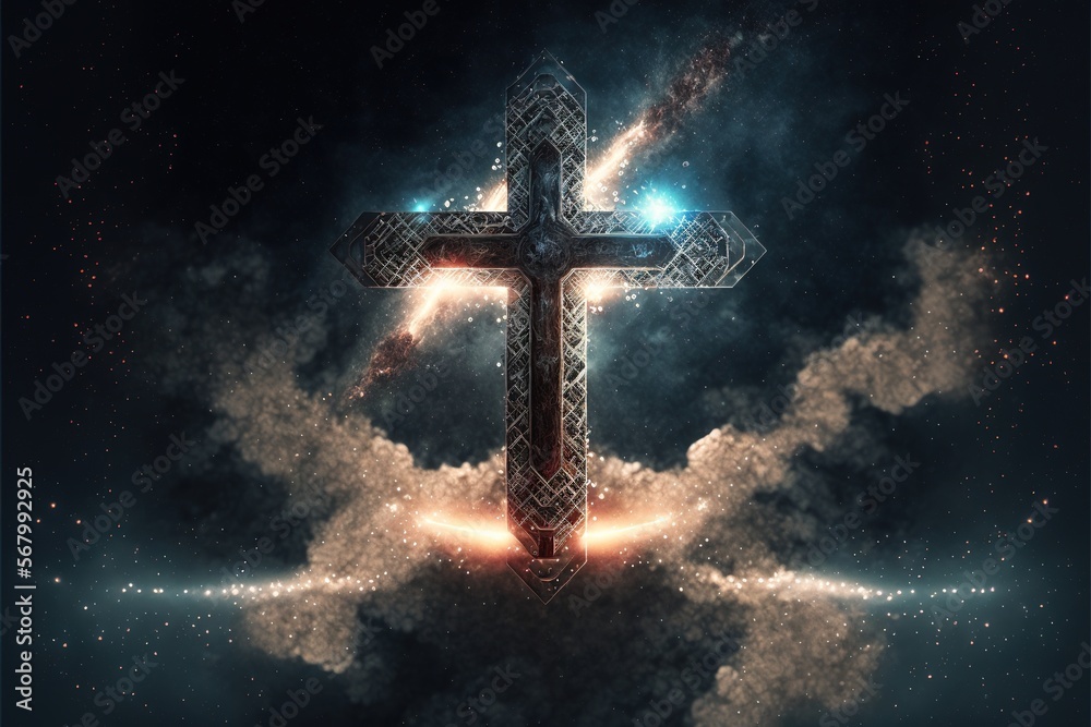 A cross with a lot of light coming out of it in the middle of a dark ...