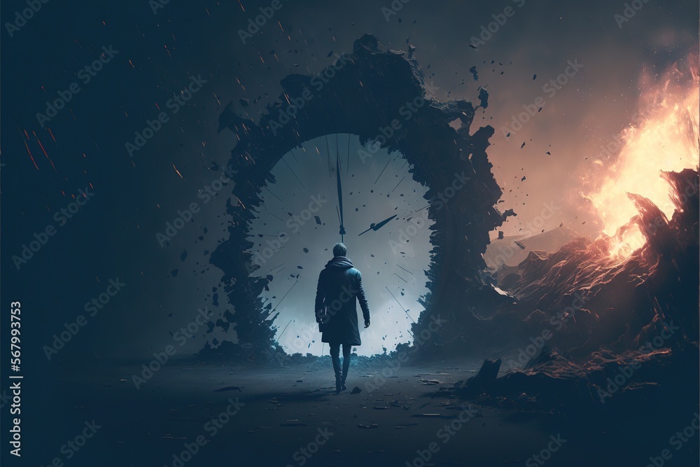 A man standing in front of a giant clock in a dark room with a fire ...