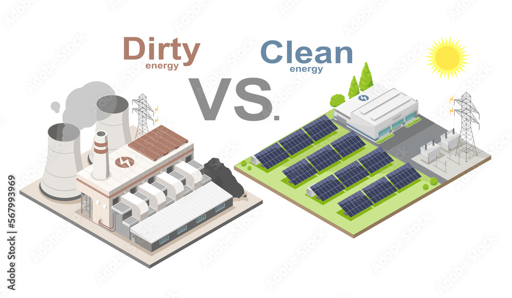 Dirty vs Clean Energy Climate Change concept Coal Fired Fossil Fuels ...