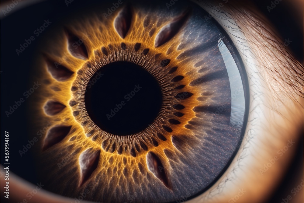 A close up of a human eye with a yellow iris and black center of the ...