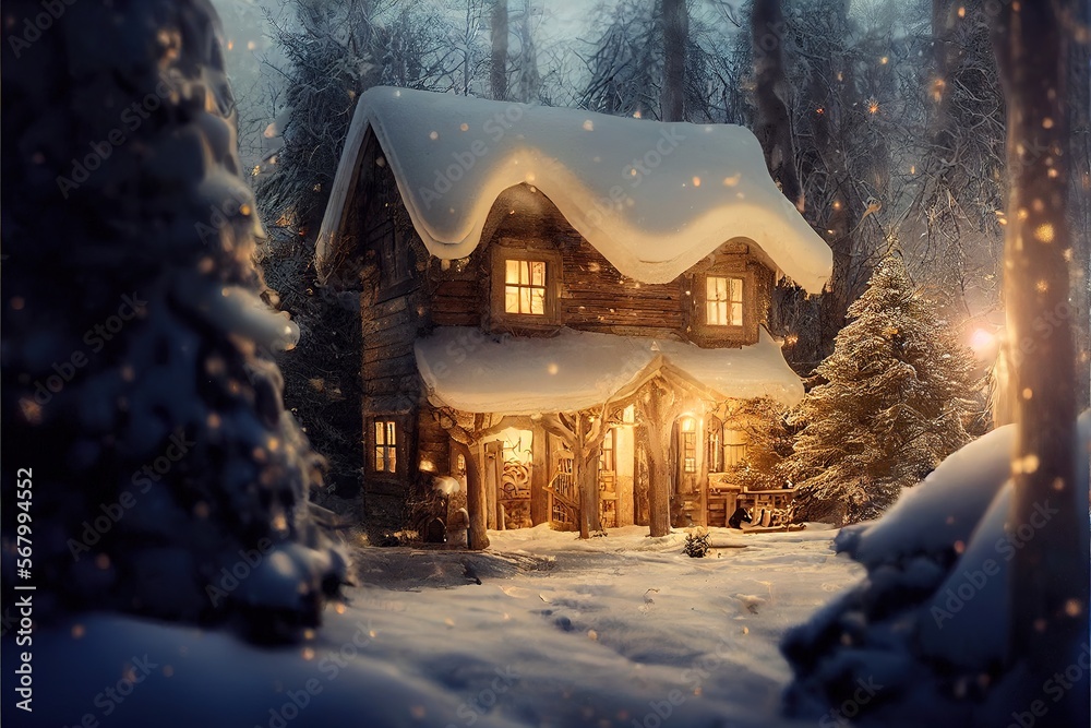 A house in the woods with a light on in the snow at night time with ...