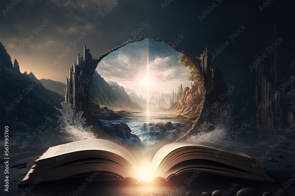 An open book with a picture of a castle in the middle of it and a river ...