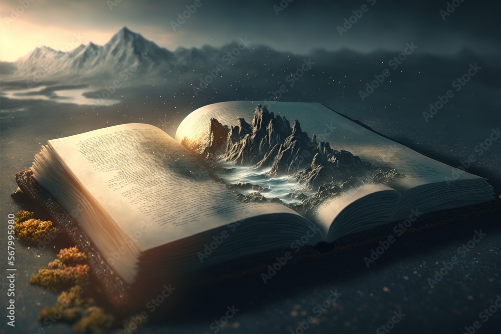 An open book with a mountain in the middle of it and a light shining on ...