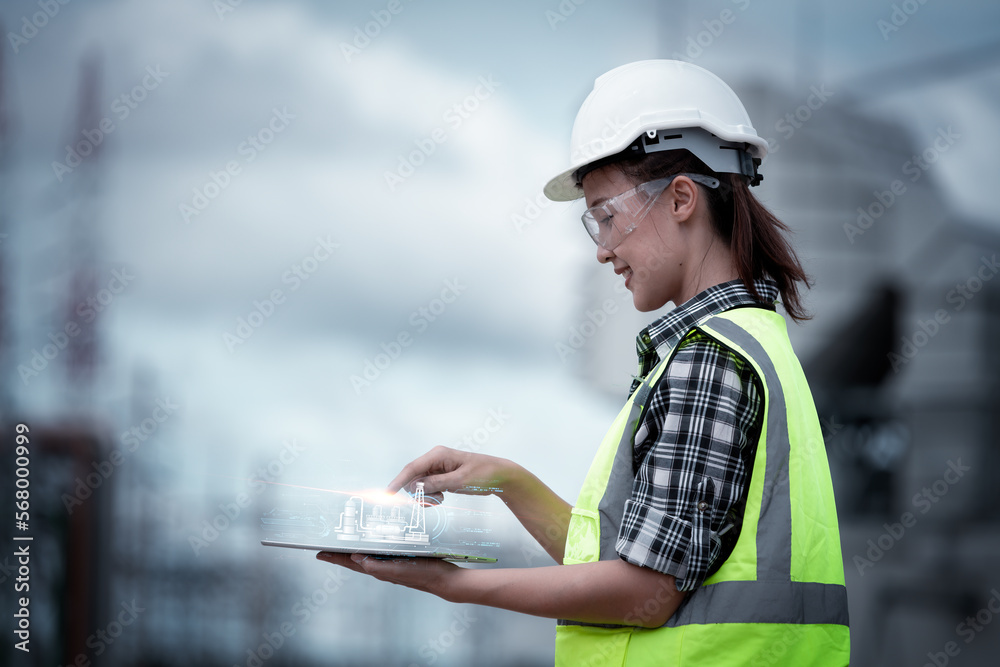 Engineer woman wearing safety uniform inspection and holding tablet ...