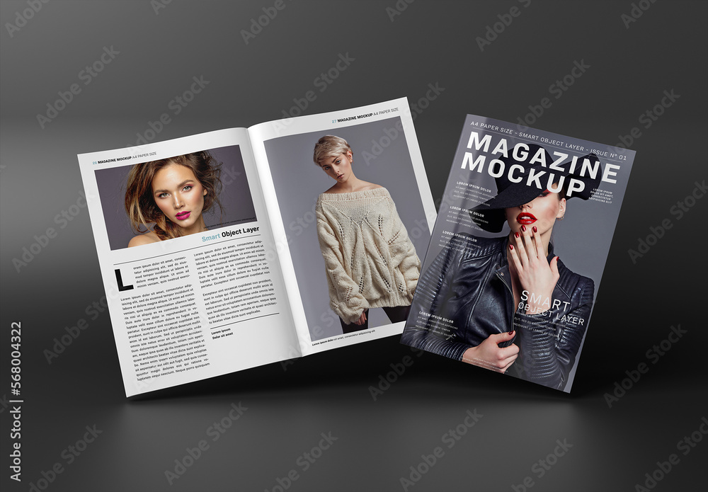 Magazine Cover and Open Magazine Mockup on Black Background Stock ...
