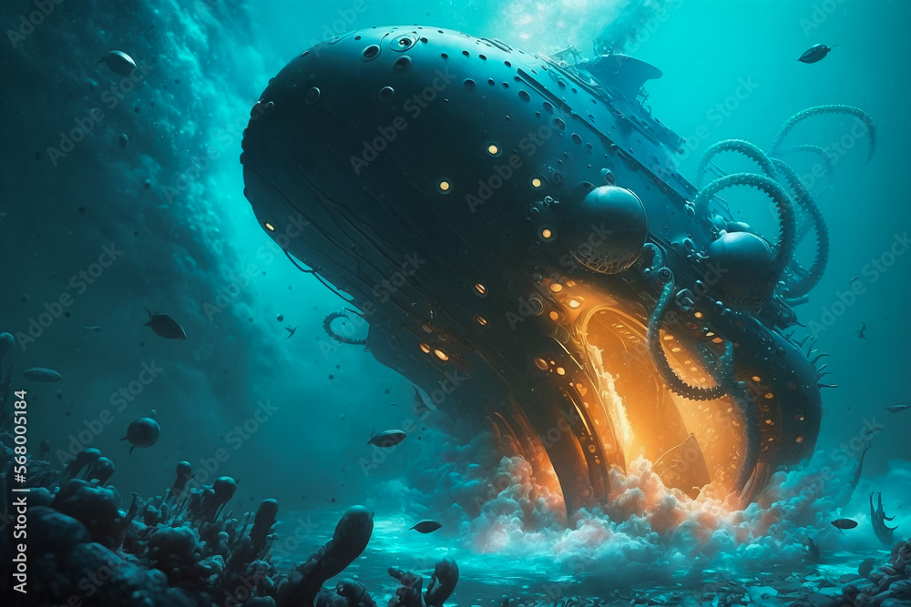 Gigantic fantasy submarine with tentacles drowning under the deep of ...
