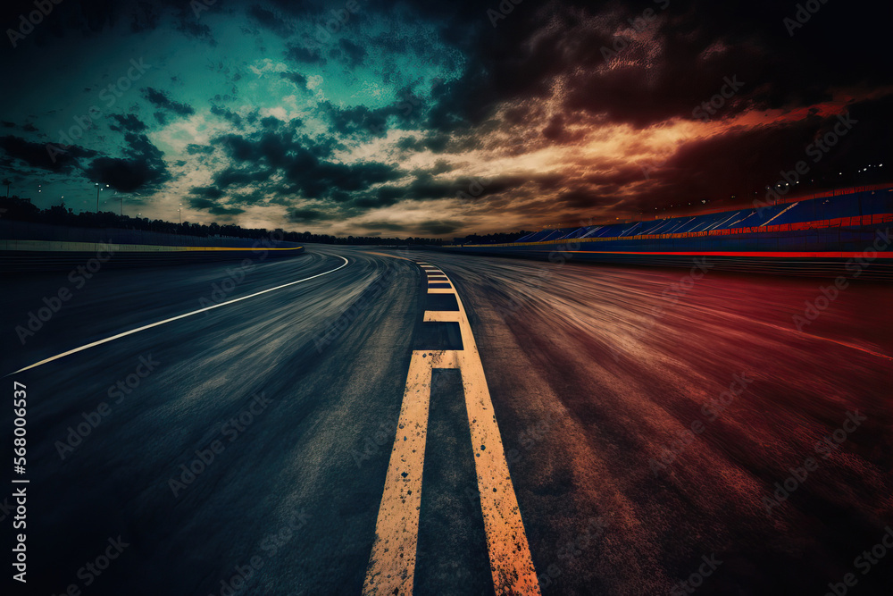 Asphalt international race track in the evening with a starting or ...