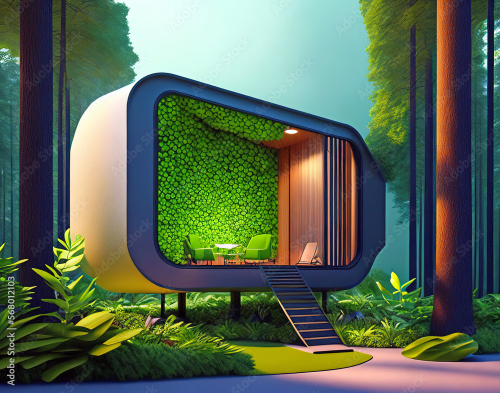 Contemporary style rectangular shaped pod building in a green forest ...