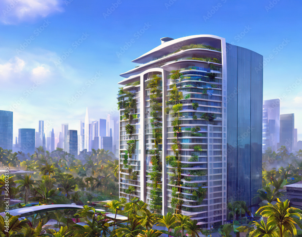 Eco high-rise condominium or office building with green vertical walls ...