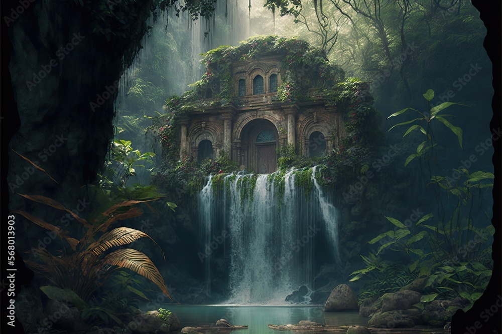The secret garden hidden waterfall in the amazon, concept of Tropical Rainforest and Nature's ...