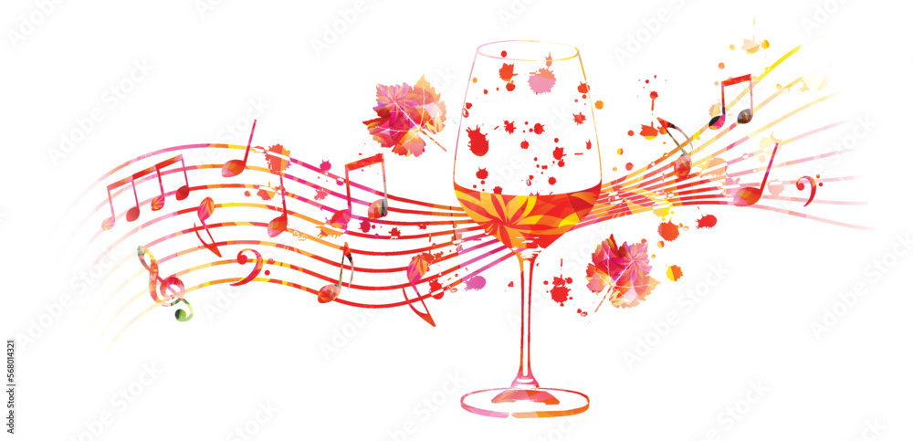 Elegant wine glass with grapevine leaves and musical notes staff. Music ...