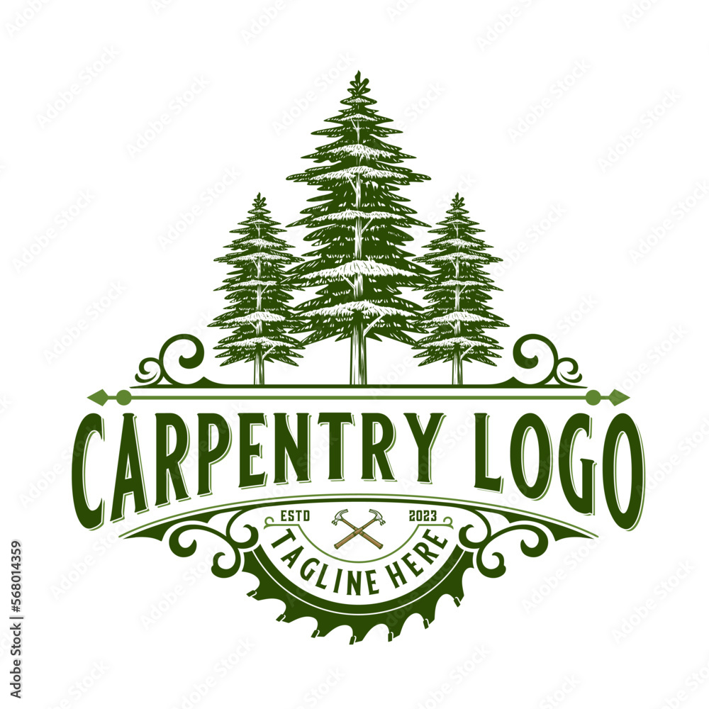 vintage logo design carpentry, pine tree icon with chisel in emblem ...