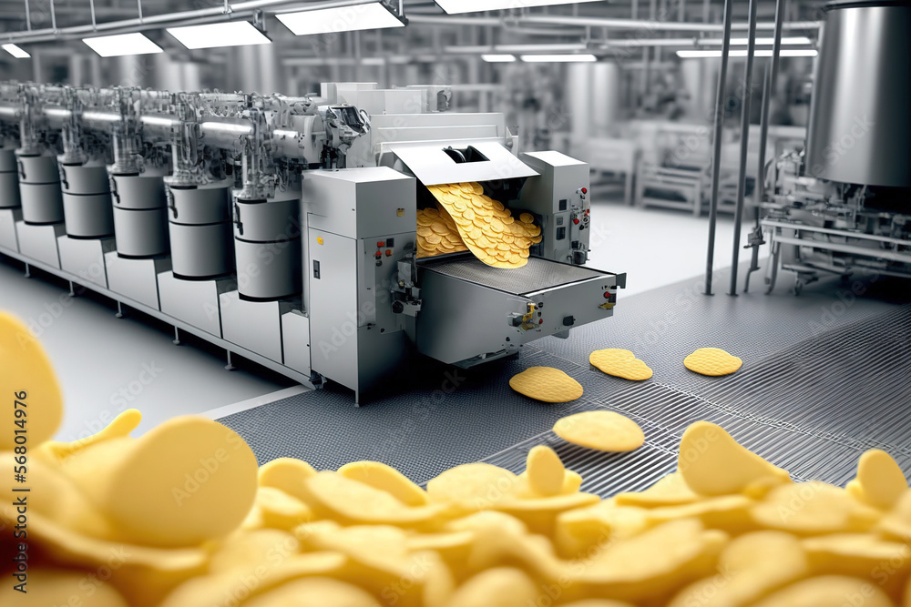 The factory's production line for potato chips. potato chip and snack ...