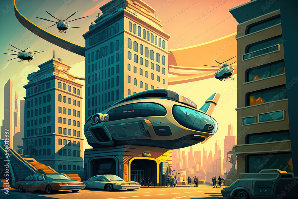 Urban environment shown as a cartoon with massive, contemporary ...