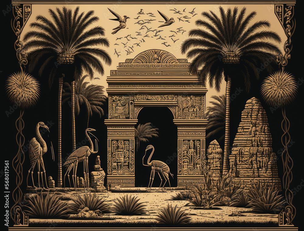 An old Egyptian landscape. engravings in the form of hieroglyphs on the ...