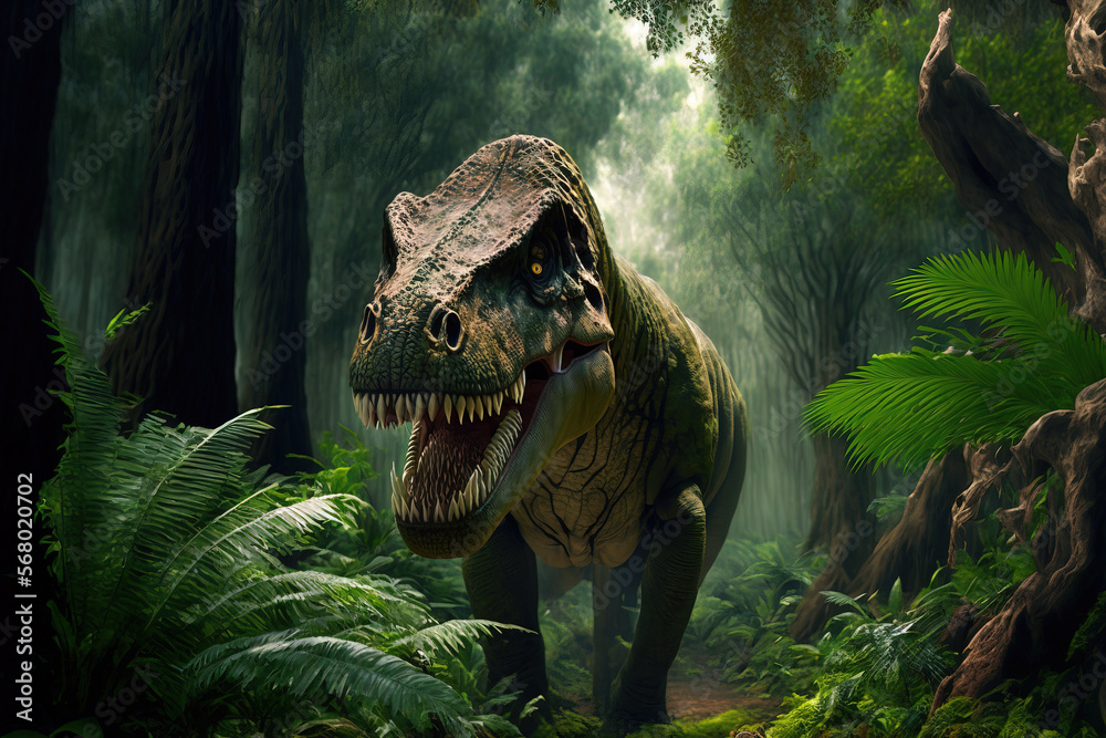 Tyrannosaurus Rex, a dinosaur, in a rainforest. Generative AI Stock ...