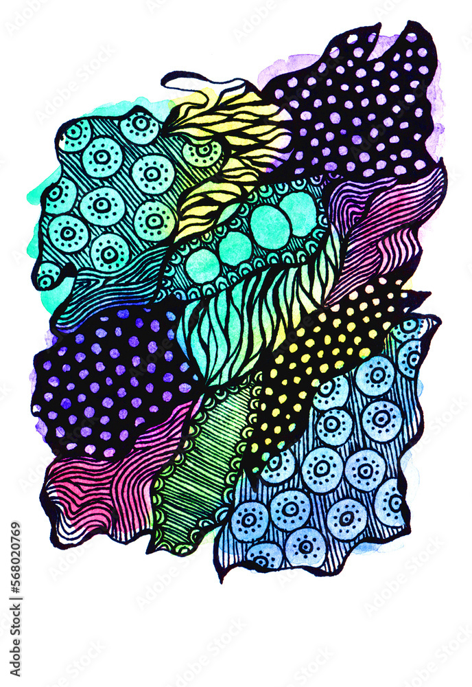 Abstract art zentangle drawing with watercolor fill as backdrop design ...