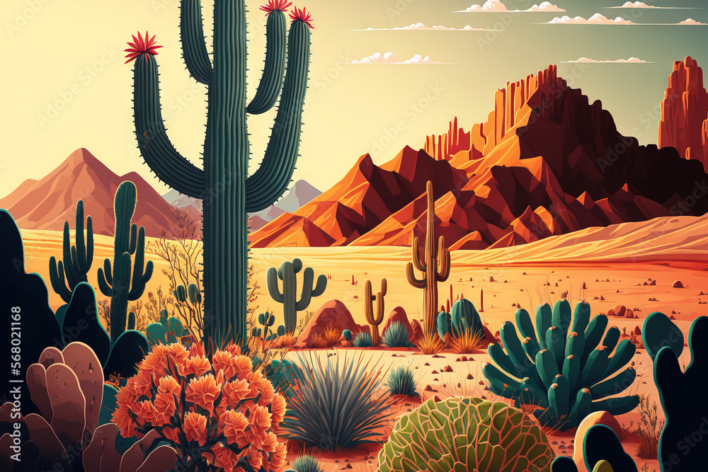 Cactus plants and a desert oasis are depicted in a cinematic graphic ...