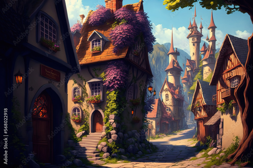 Fairy Tale Town, a small one. Fictional Setting concept painting ...