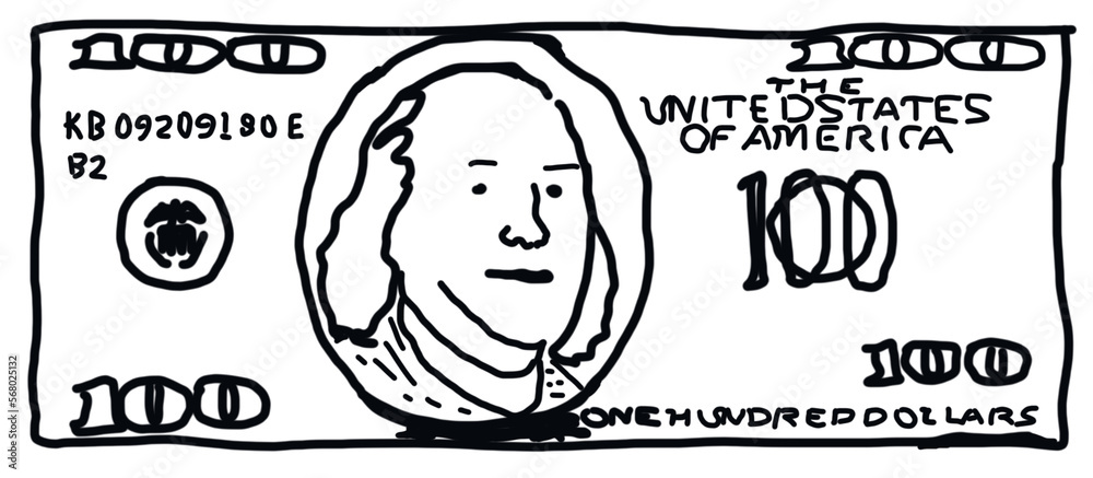 Cartoon hand drawn 100 dollar banknote Stock Illustration | Adobe Stock