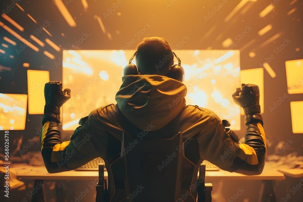 Esport gamer in headphones winning moment in front of computer screen ...