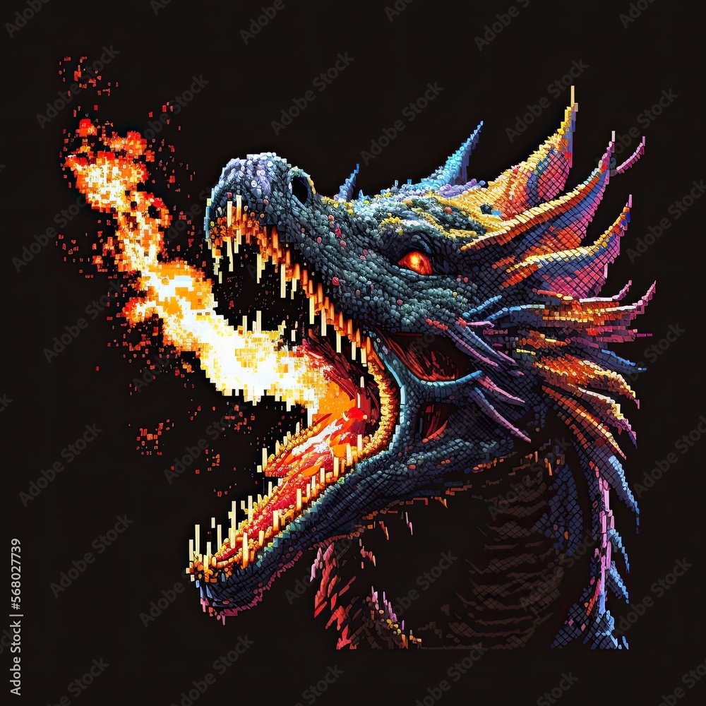 Pixel art dragon spewing flames Stock Illustration | Adobe Stock
