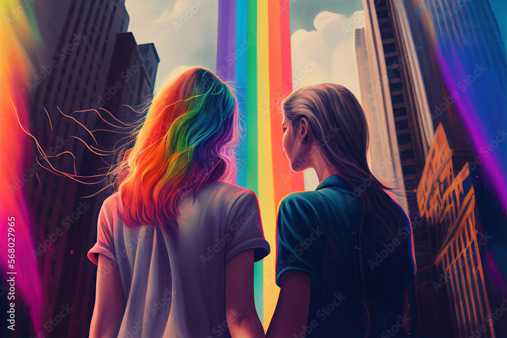Gay couple holding hands in a big city with rainbow over the sky ...