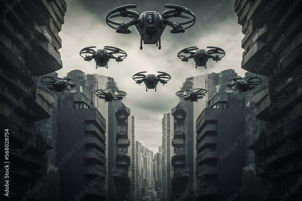 Squad of drones doing reconnaissance in a grey city created with ...