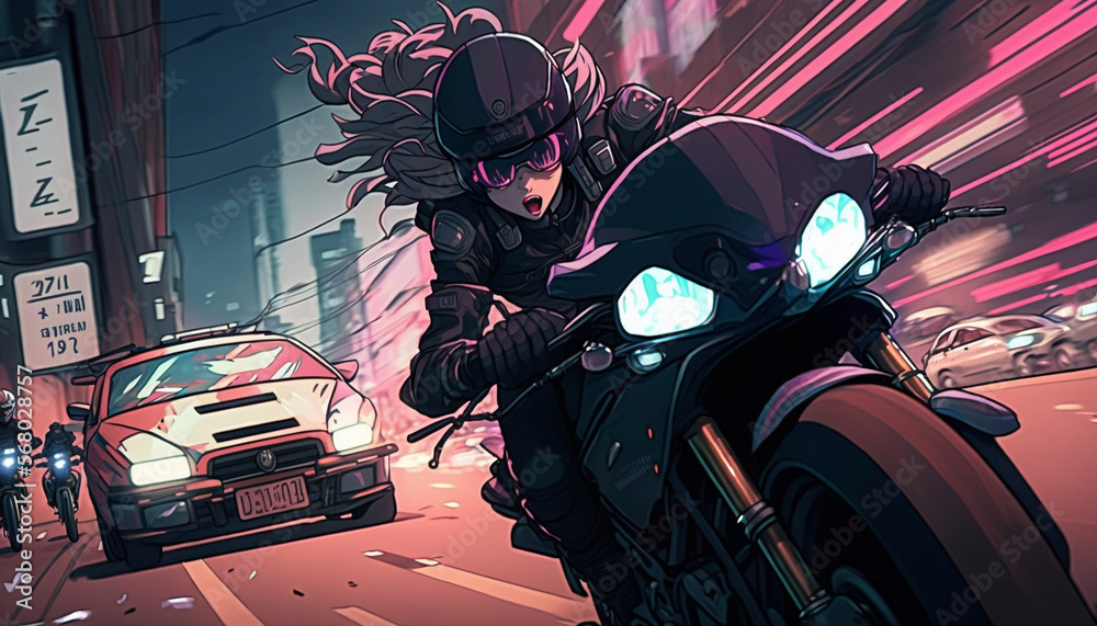 A high-speed anime chase through the city between a biker and a police ...