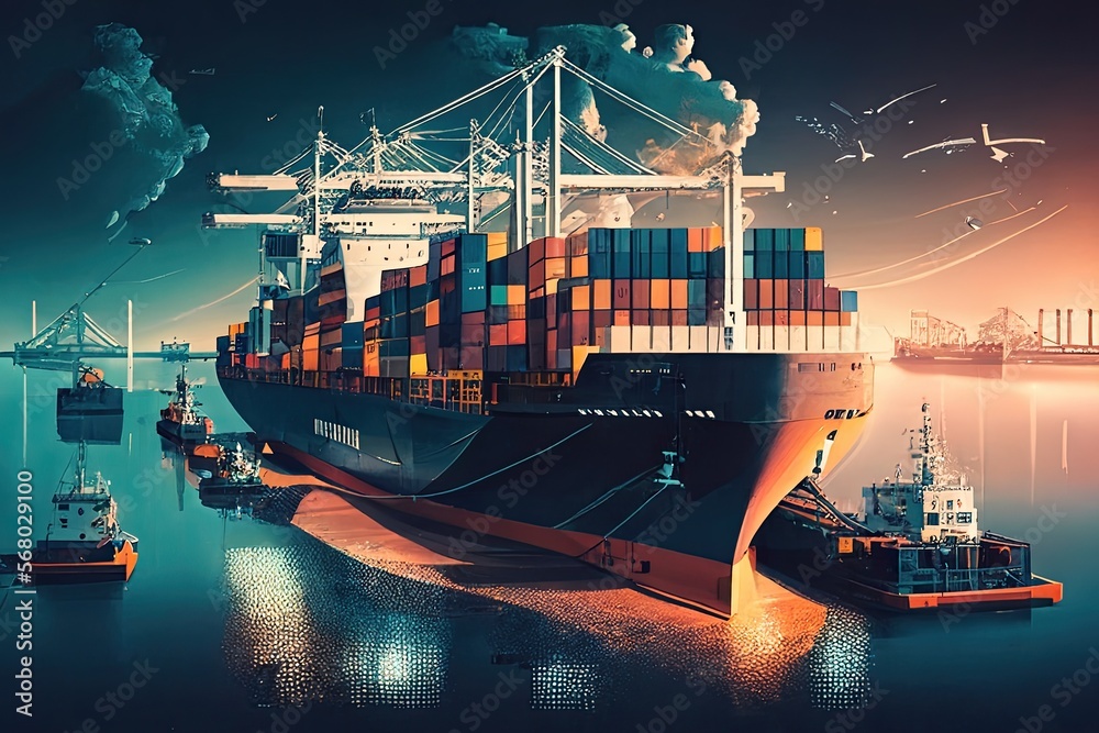 Generative AI illustration of container ship at terminal port ...