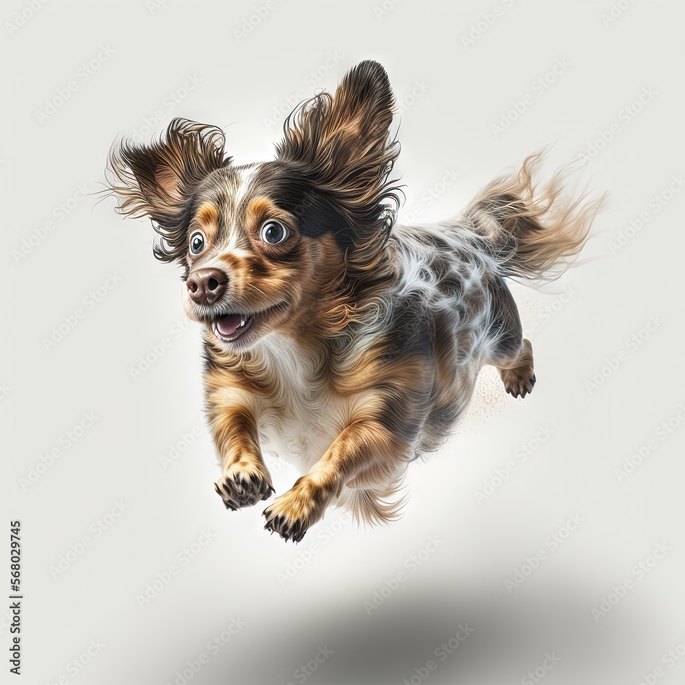 a dog is flying through the air with its mouth open and it's hair ...