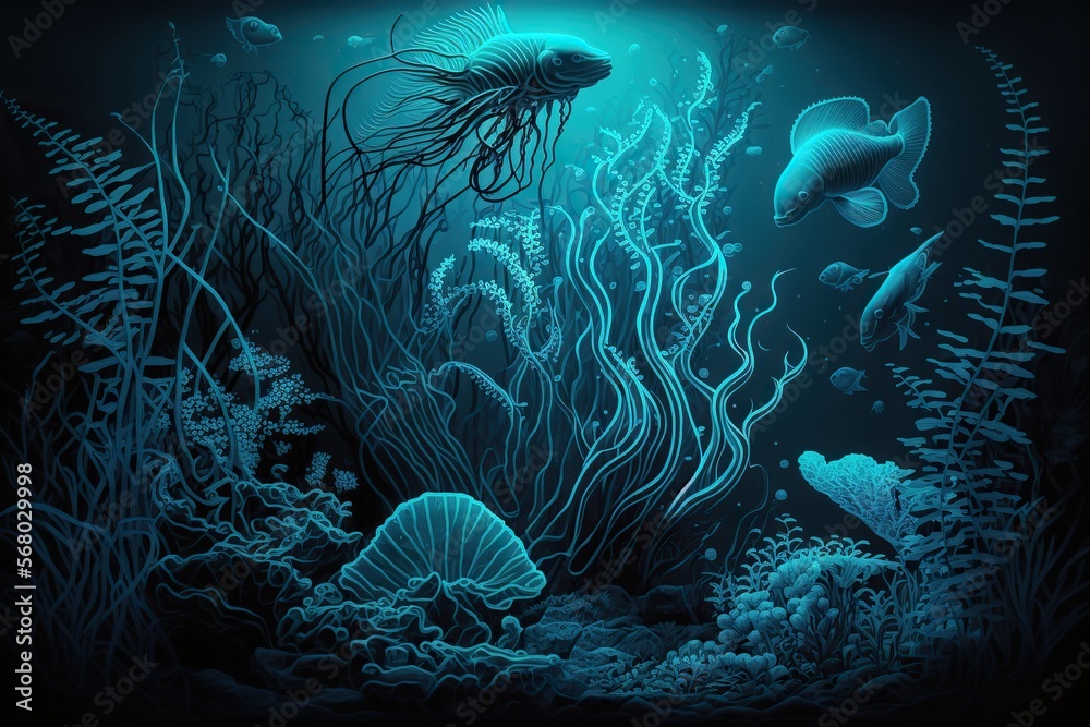 Deep-sea environment with strange creatures and bioluminescent plants ...