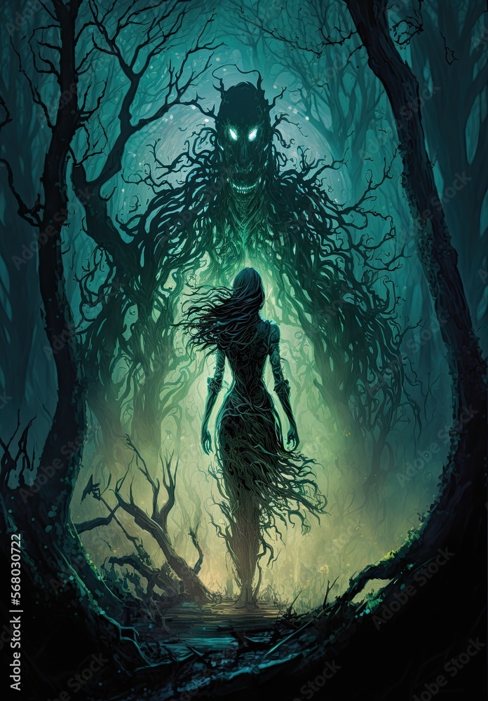 banshee, wailing in a haunted forest, fantasy art for book cover ...