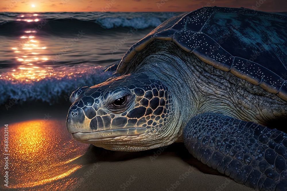 A close up of a leatherback turtle laying her eggs during the nesting ...