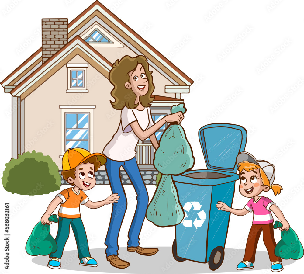 garbage woman and children cartoon vector Stock Vector | Adobe Stock