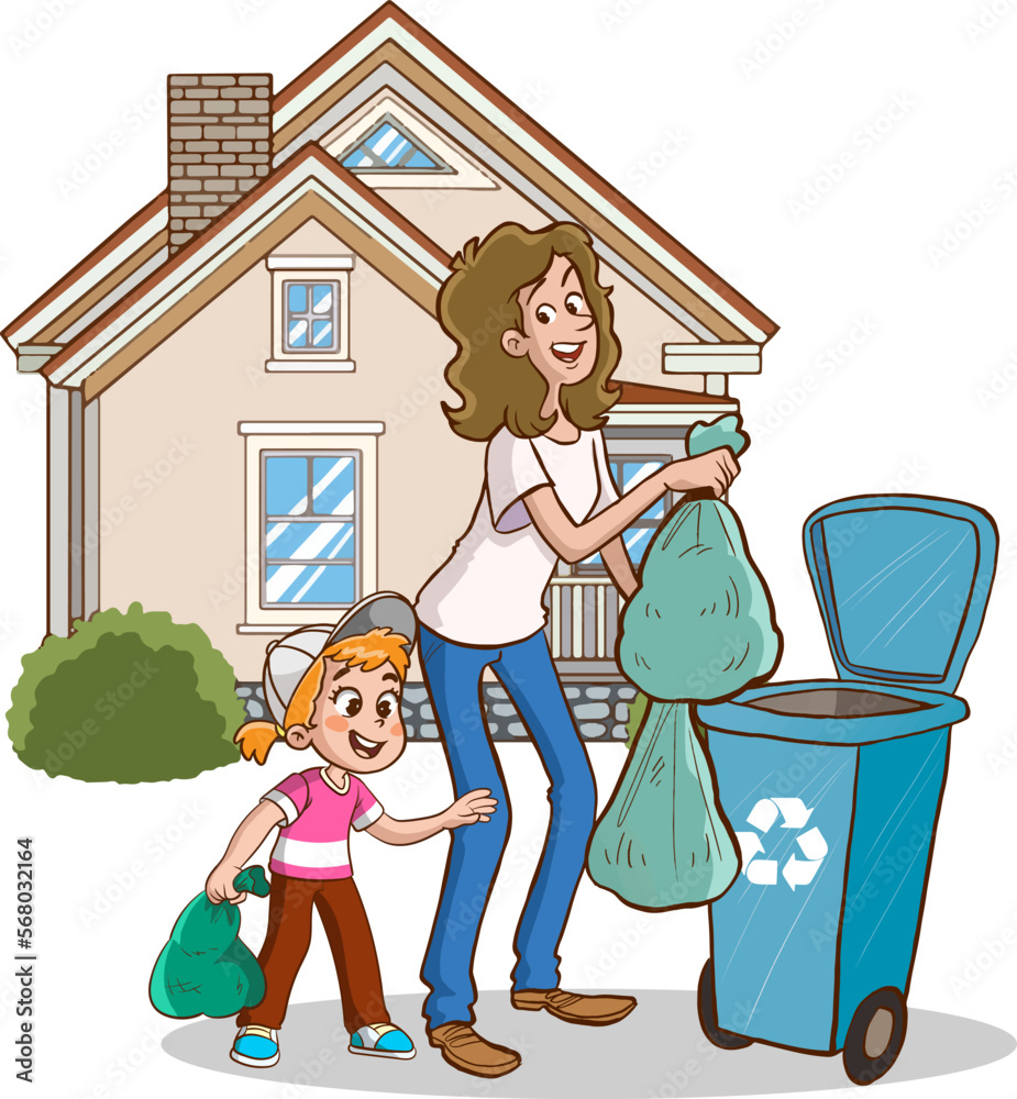 garbage woman and children cartoon vector Stock Vector | Adobe Stock