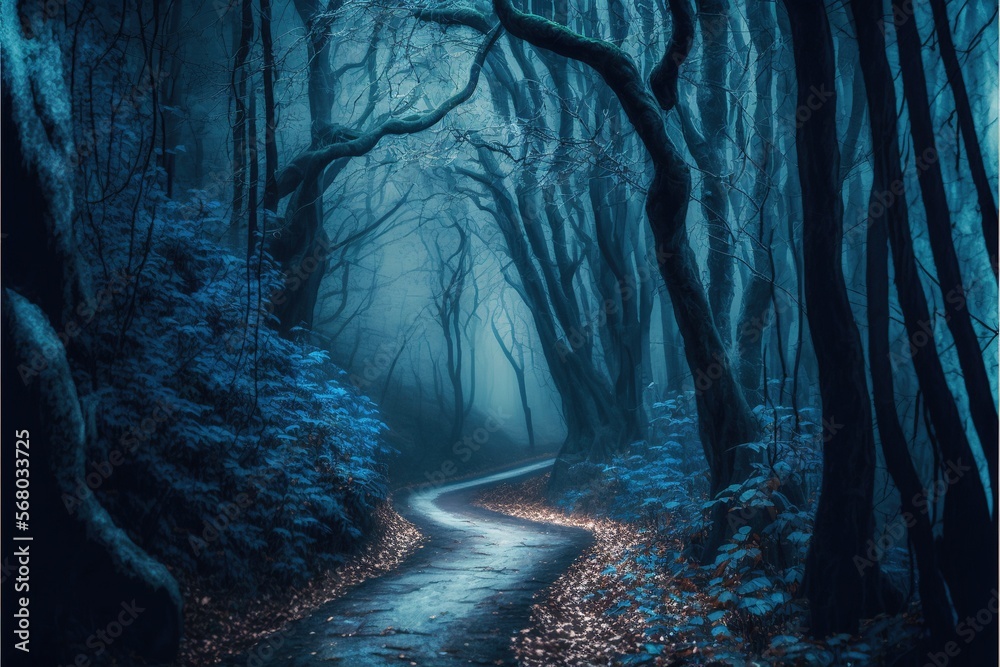 a painting of a path in a dark forest with a light trail going through ...