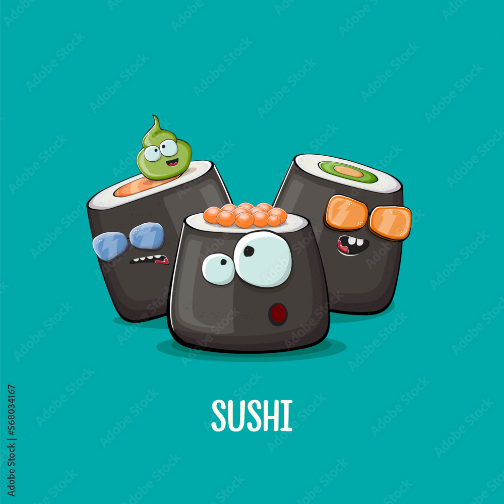 Vintage sushi poster design template with sushi cartoon characters and ...